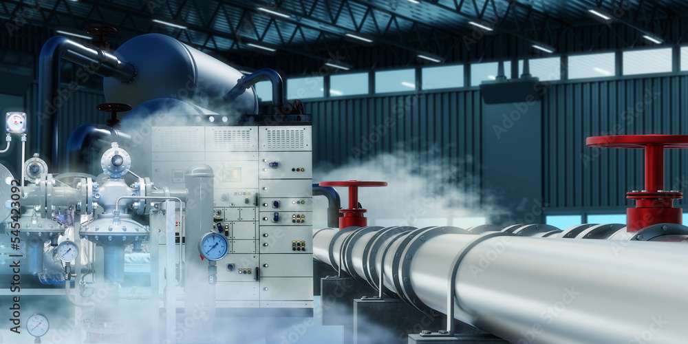 Industrial heating equipment. Steam over pipes inside building ...