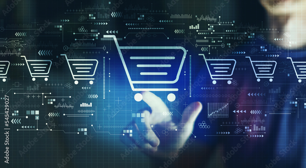 Online shopping theme with young man touching a digital screen at night ...