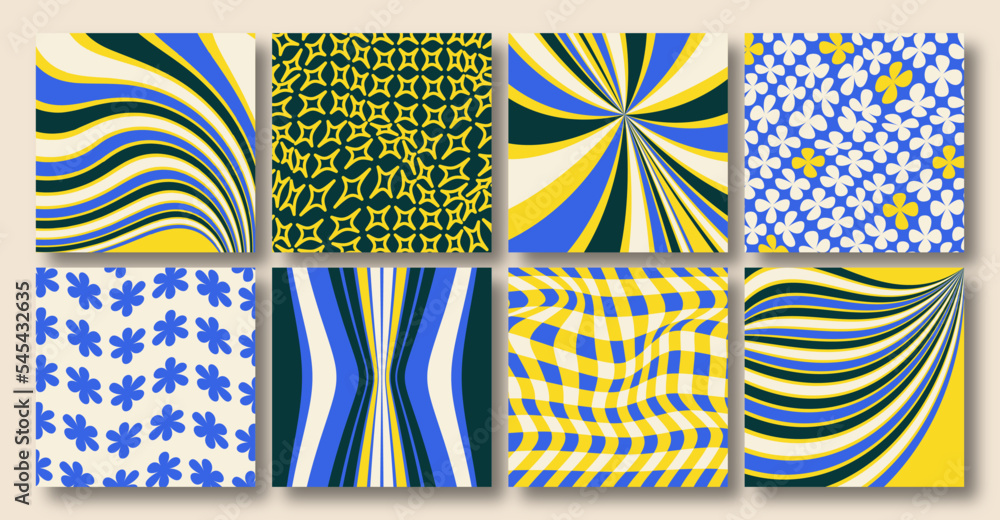 Vector set of Groovy hippie 70s social media backgrounds. Checkerboard ...