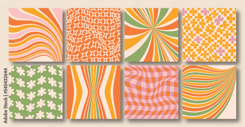 Vector set of Groovy hippie 70s social media backgrounds. Checkerboard ...