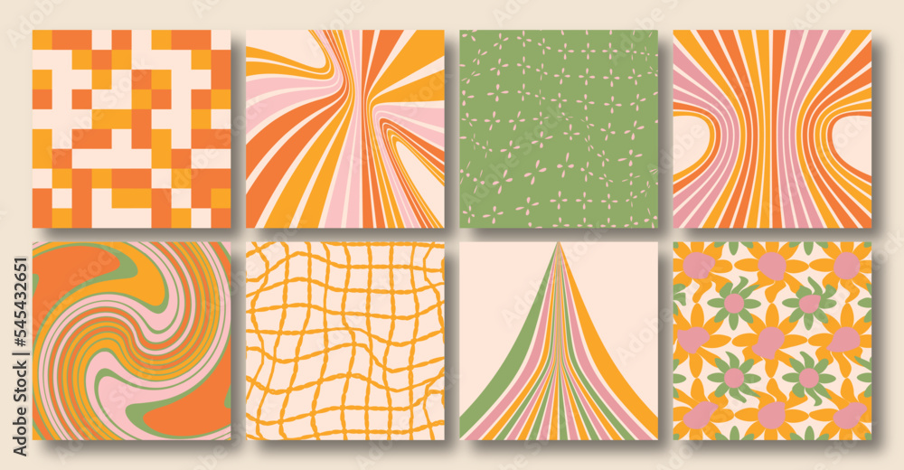 Vector set of Groovy hippie 70s social media backgrounds. Checkerboard ...
