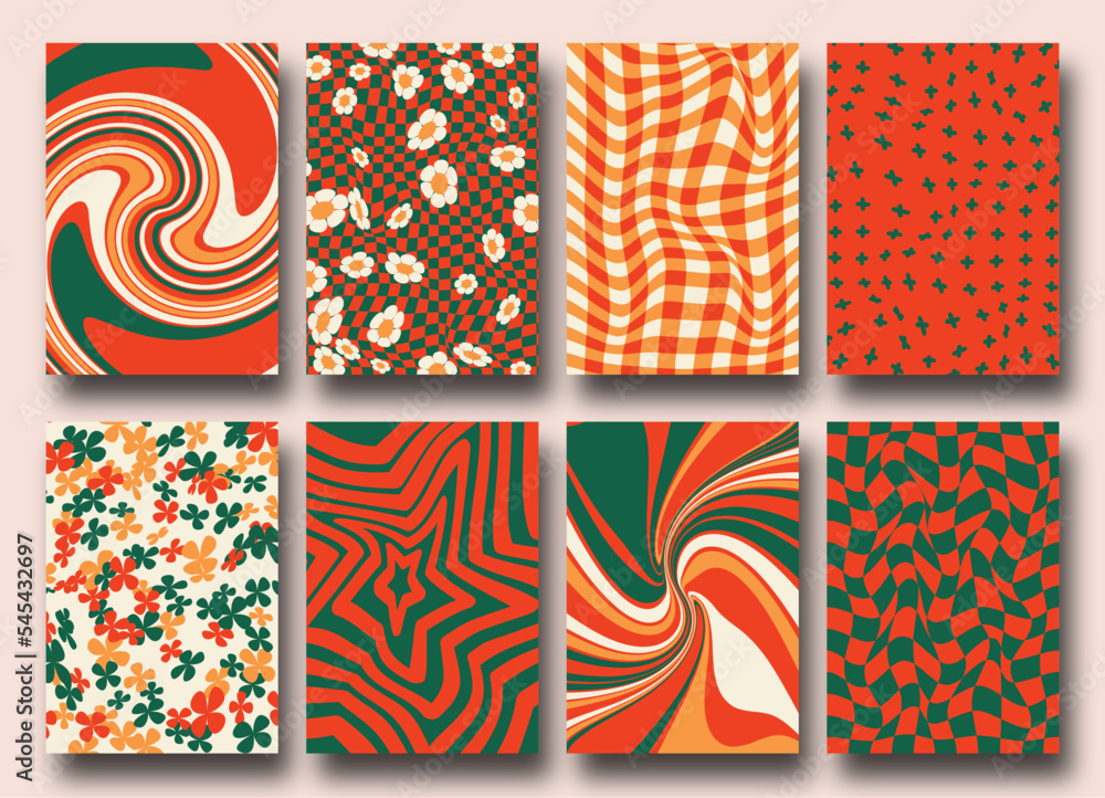 Vector set of Groovy hippie 70s Christmas backgrounds. Checkerboard, chessboard, mesh, waves ...
