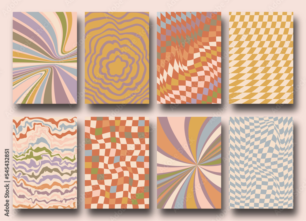 Vector set of Groovy hippie 70s backgrounds. Checkerboard, chessboard, mesh, waves patterns ...