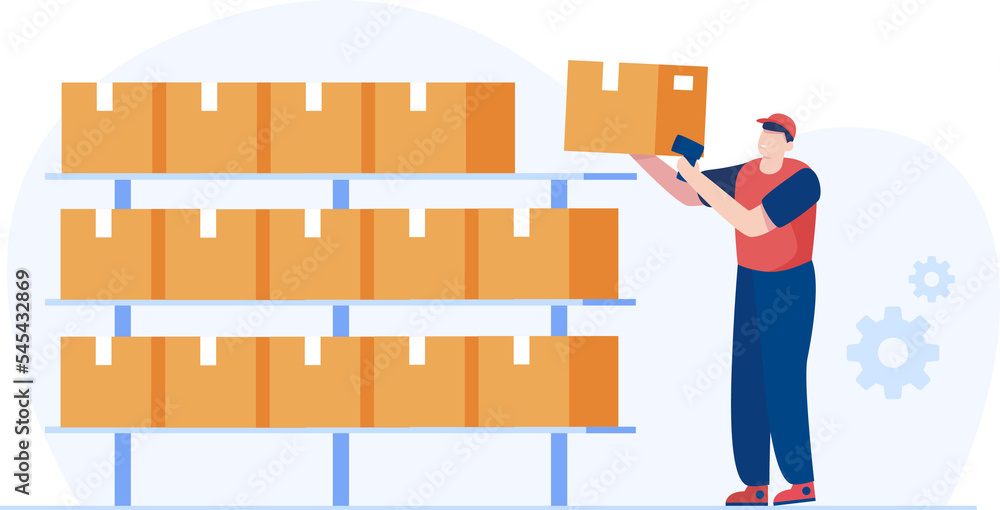 Warehouse Worker scanning parcel barcode and arranging boxes. Vector ...