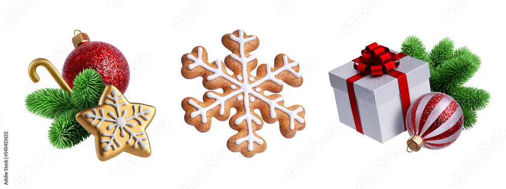 3d render, set of traditional Christmas ornaments and decorations ...
