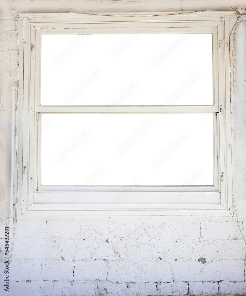 White wooden window frame isolated cutout transparent, blank space on a ...
