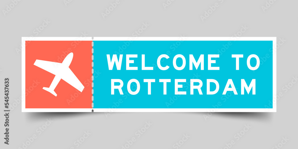 Vetor de Orange and blue color ticket with plane icon and word welcome ...