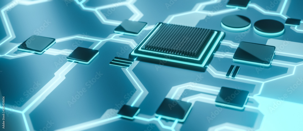 Blue technology background CPU central processing unit on circuit board ...