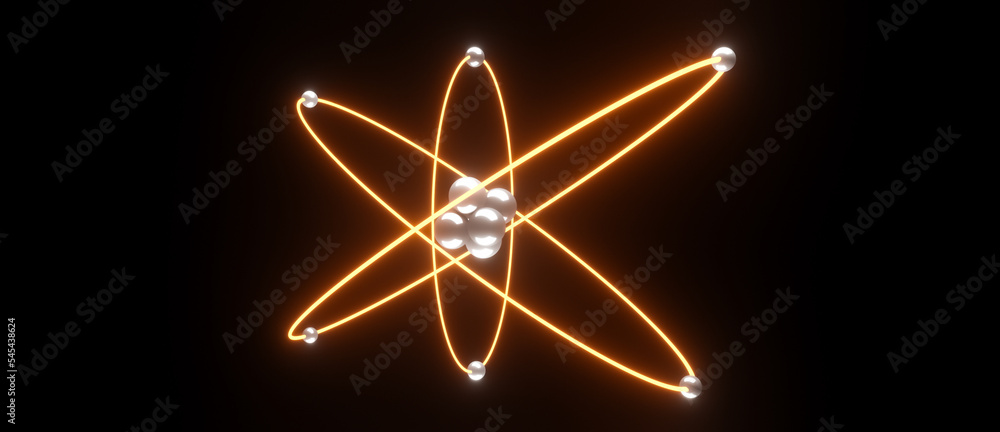 Glowing 3D illustration model of an atom with nucleus, electrons ...