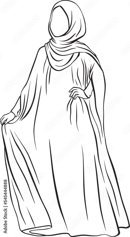 Muslim woman in a hijab and a beautiful long dress, a line drawing ...