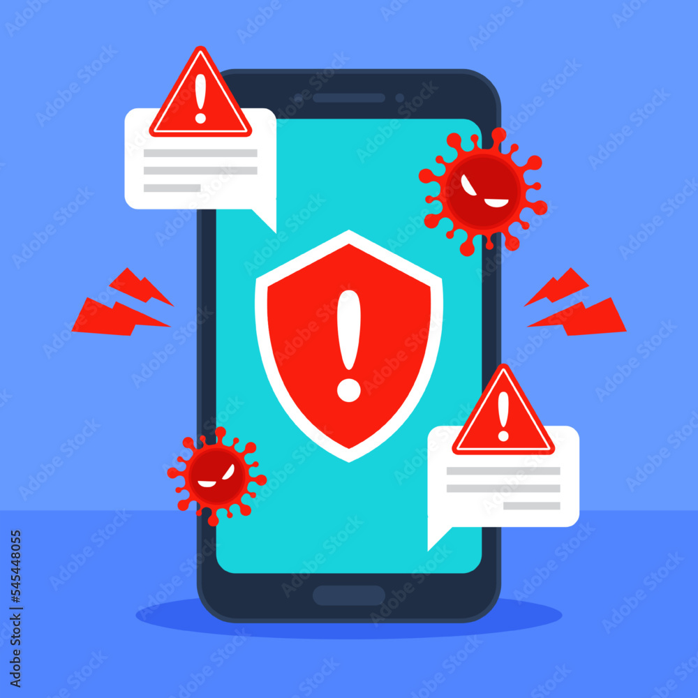 Smartphone with red viruses, shield icon, and system warning bubble ...