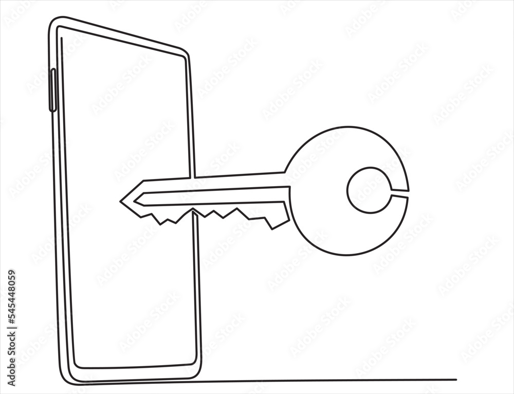 Continuous one line drawing of put key into smartphone. Data privacy ...