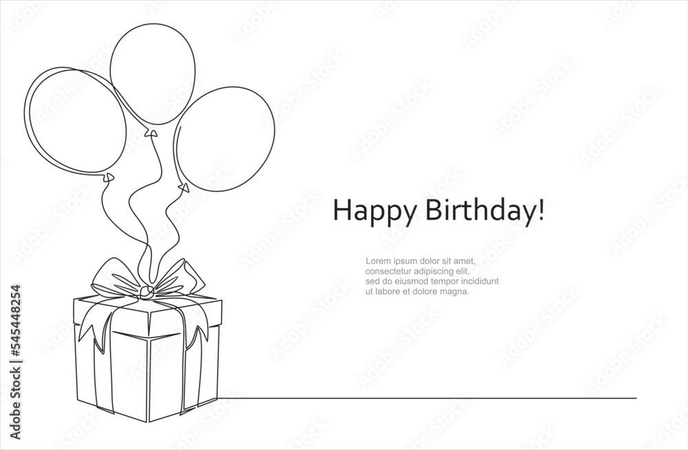 Continuous One line drawing of Birthday Gift box with bow and Balloons ...