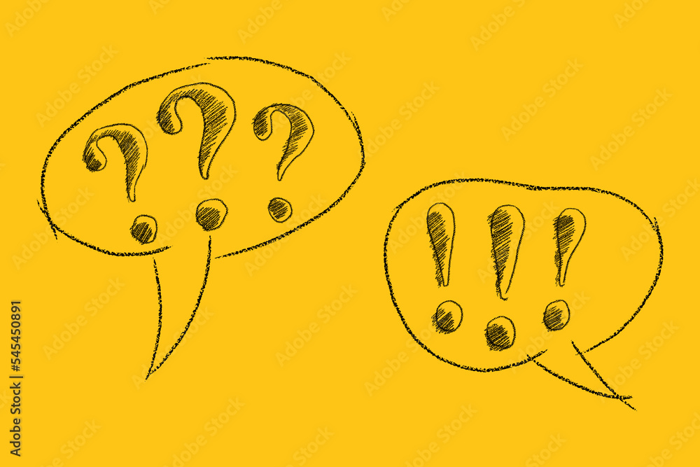 Exclamation point and question mark in speech bubbles on yellow ...