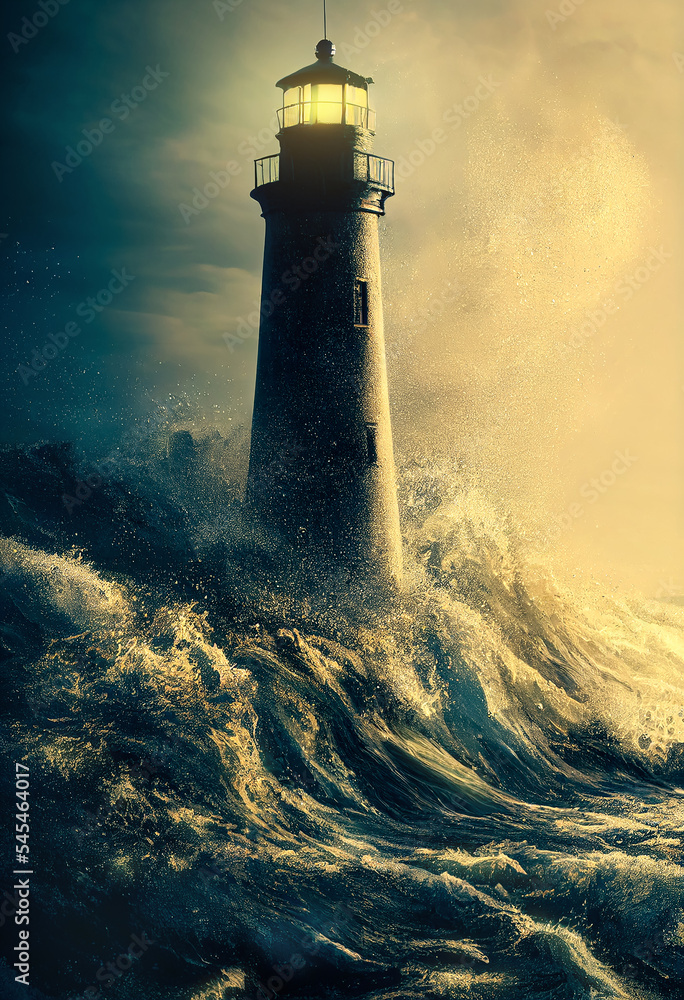 Lighthouse concept. Colorful art of a lighthouse in stormy sea with ...