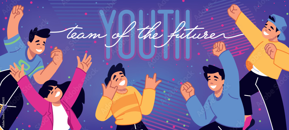 Youth people banner, celebration group. Teenage squad, young girl and ...