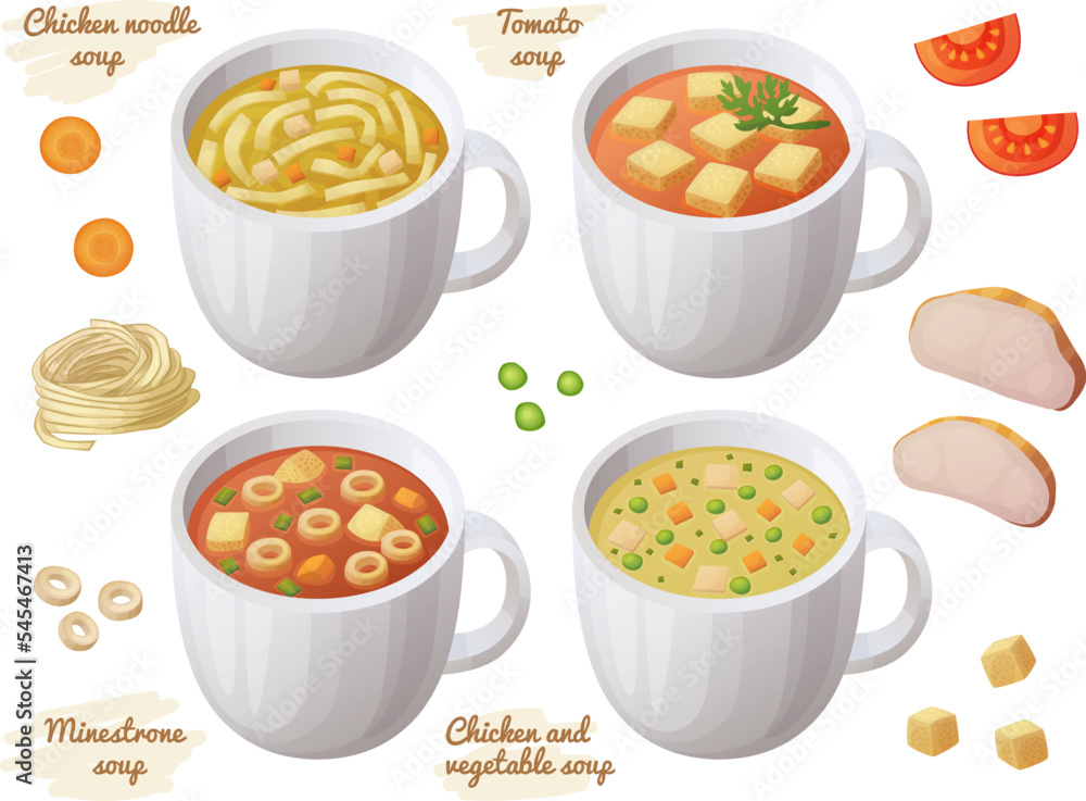 Collection of 4 soups in a cup vector icons isolated on white backround ...