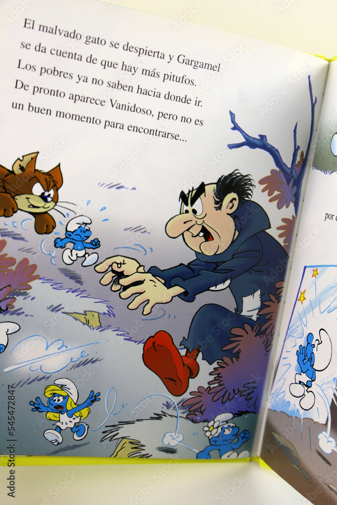 The Smurfs storybook. The wizard Gargamel and his cat Azrael in his ...