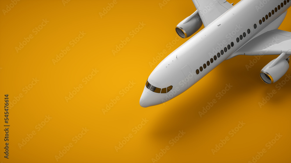 Realistic 3D rendering airplane. Aircraft on yellow background, front ...