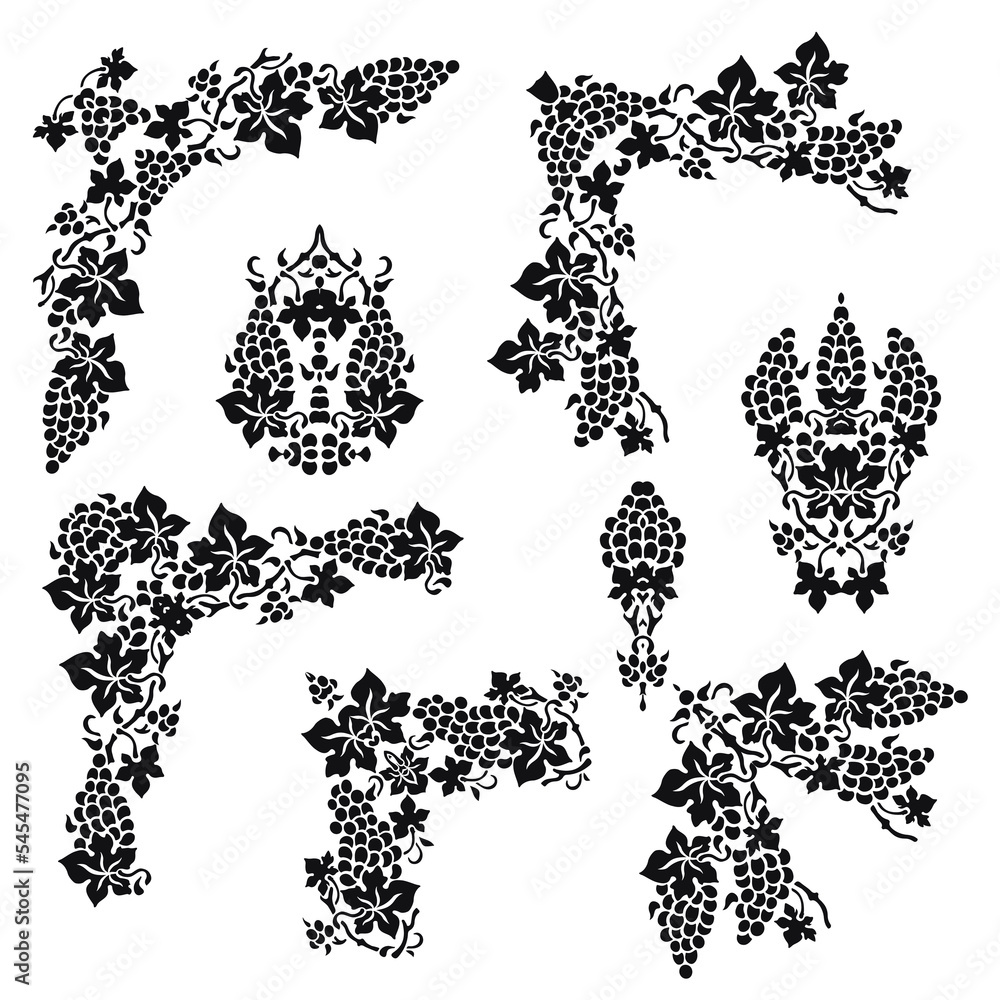 Black and white template corner with grapes. Vignettes and stencils for ...