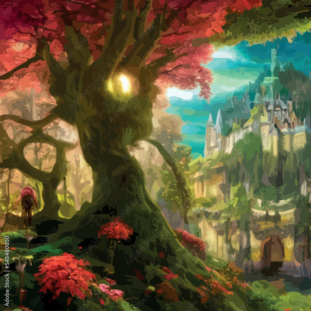 Fantasy Castle in an enchanted garden, Fairy tale landscape, magnificent scenery. Original ...