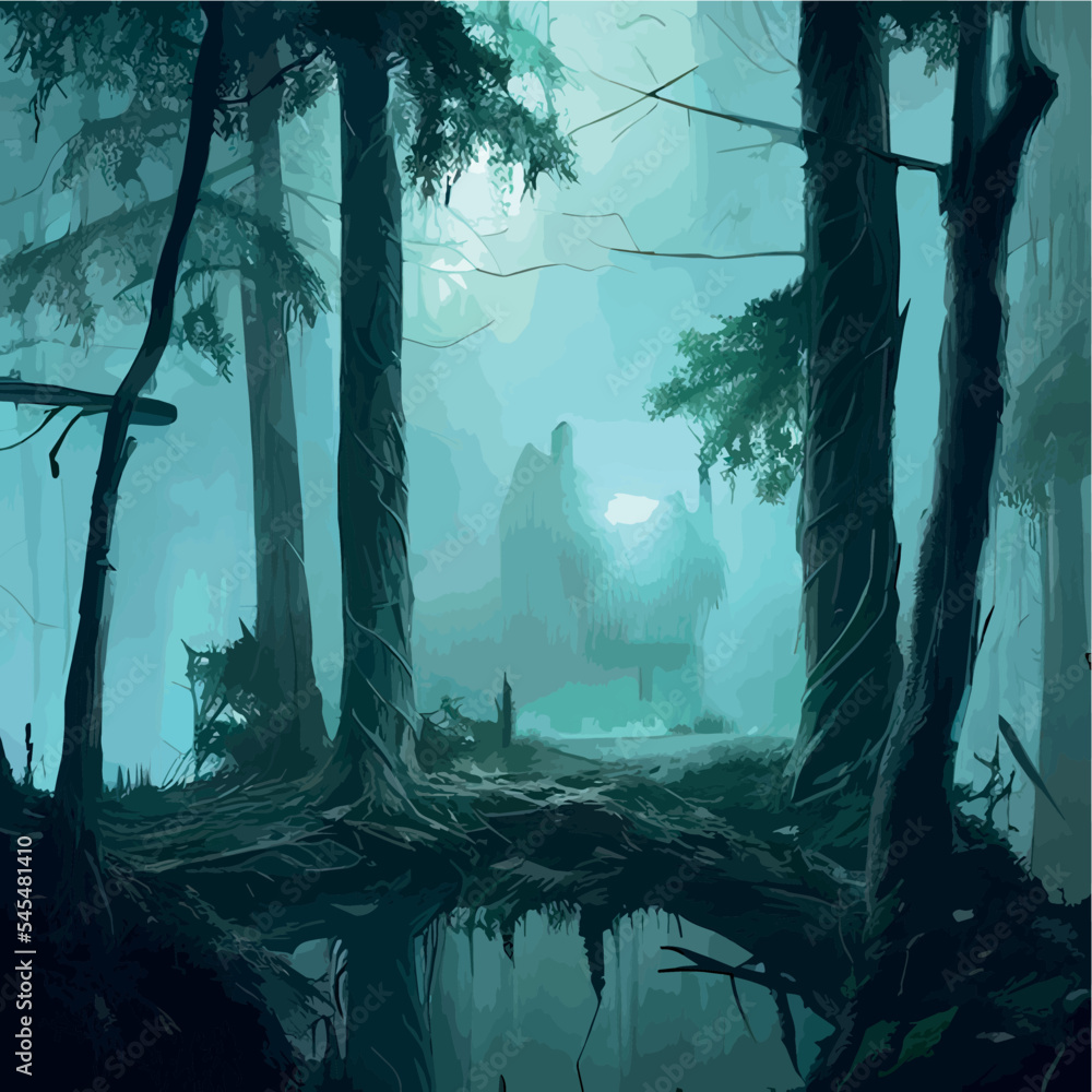 Vector cryptic illustration with house, forests with blue fog ...