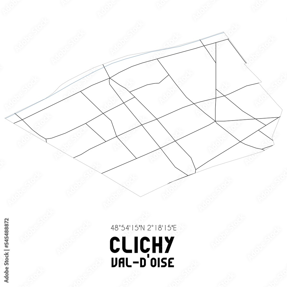 CLICHY Val-d'Oise. Minimalistic street map with black and white lines ...