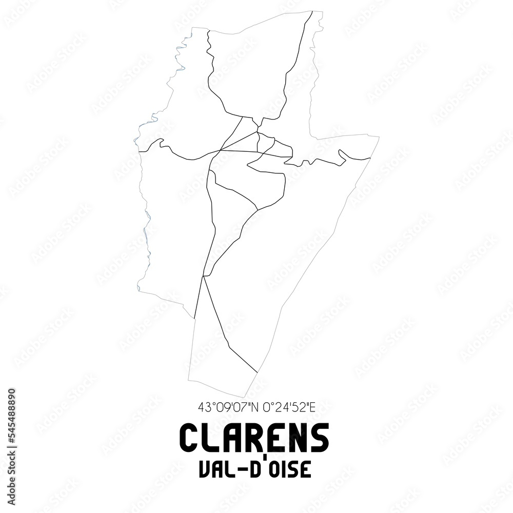 CLARENS Val-d'Oise. Minimalistic street map with black and white lines ...