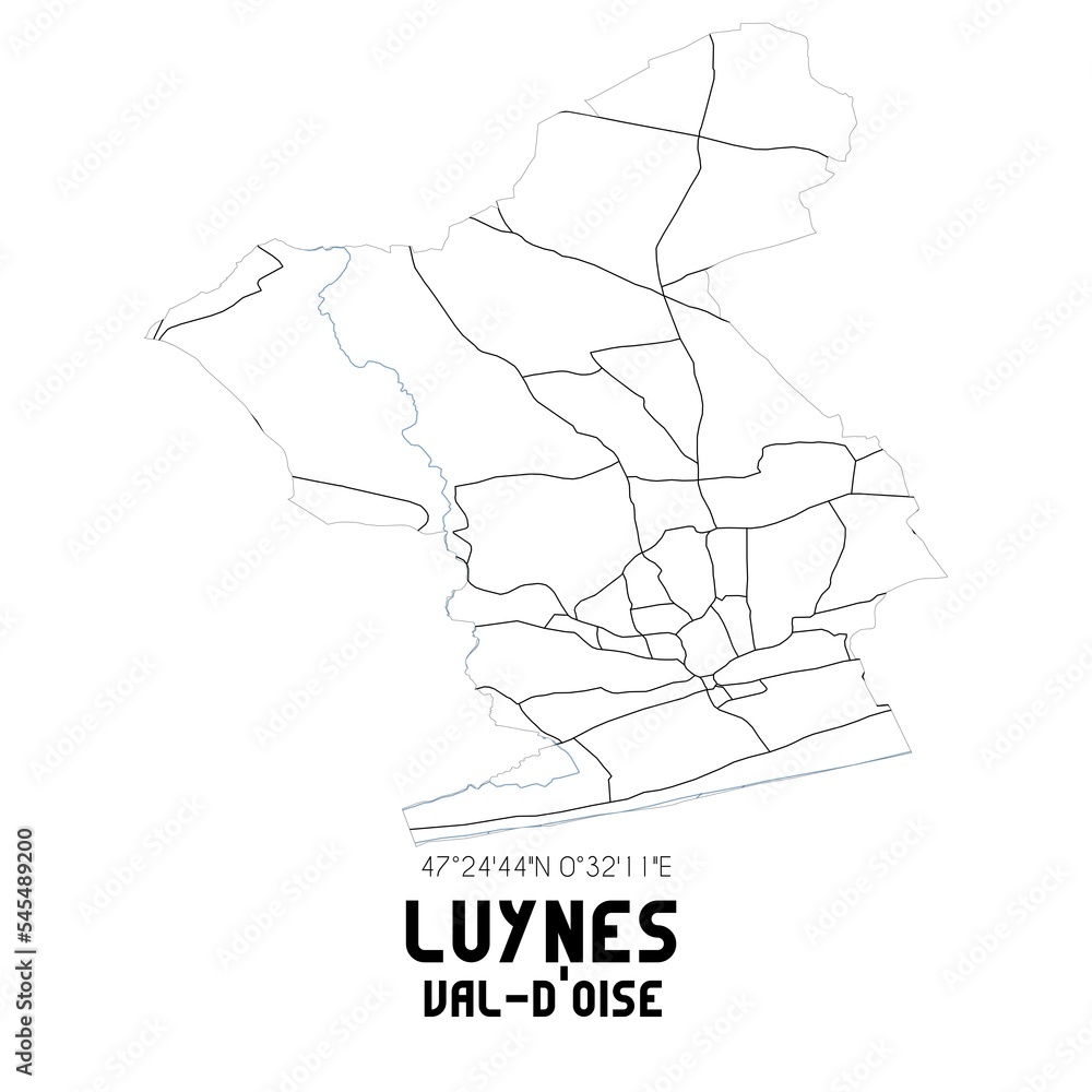 LUYNES Val-d'Oise. Minimalistic street map with black and white lines ...