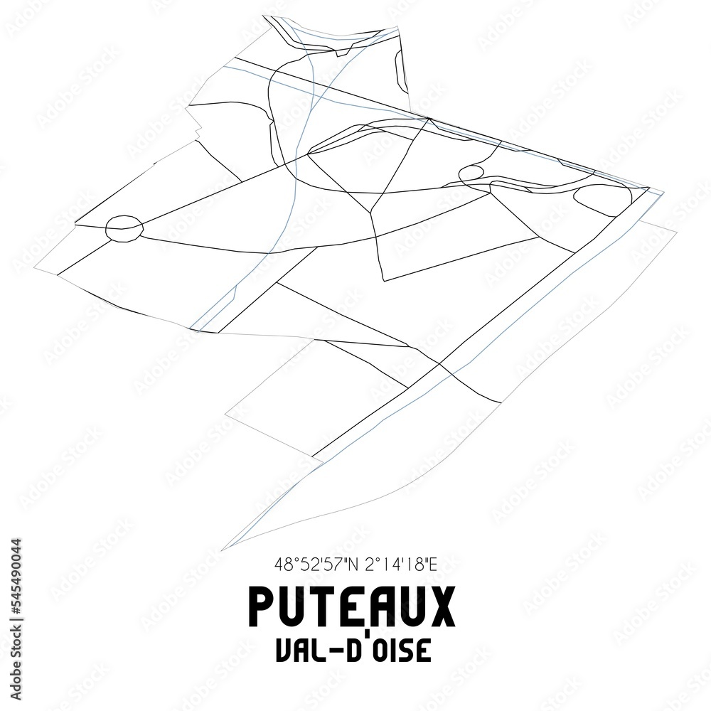 PUTEAUX Val-d'Oise. Minimalistic street map with black and white lines ...