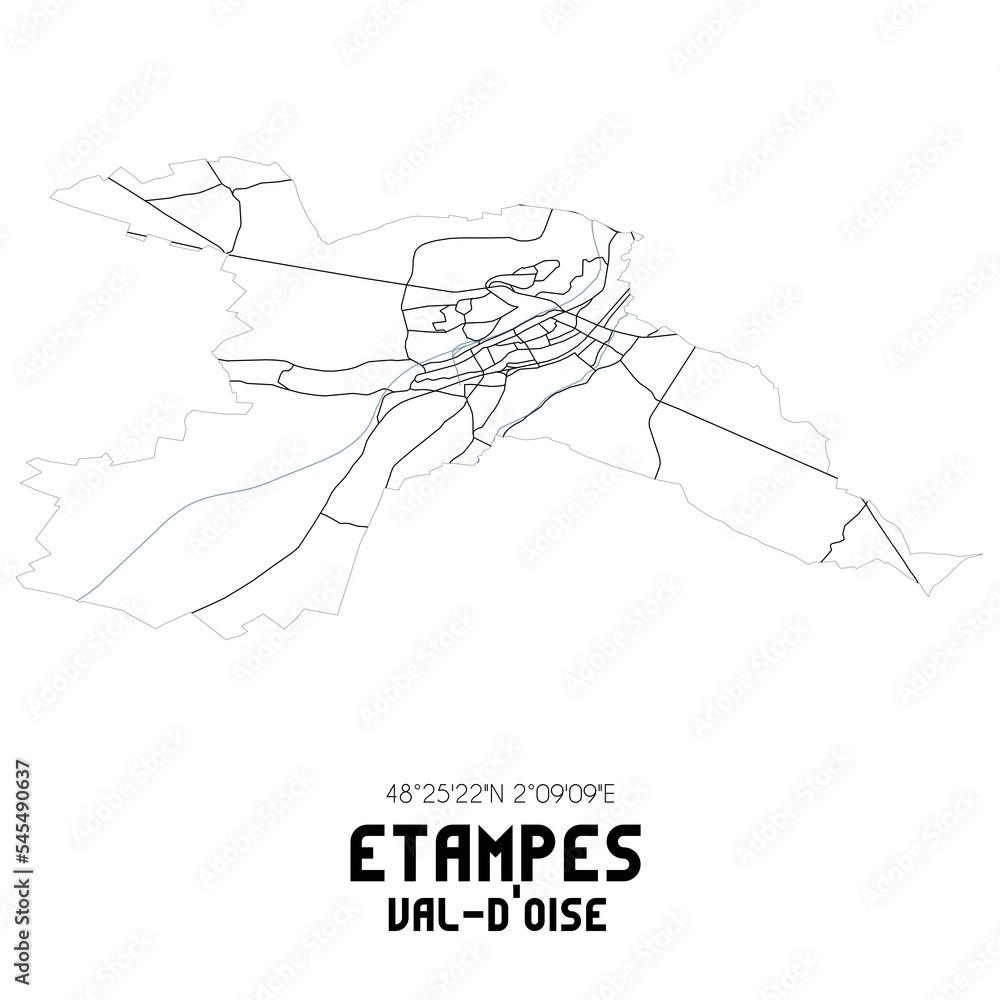 ETAMPES Val-d'Oise. Minimalistic street map with black and white lines ...
