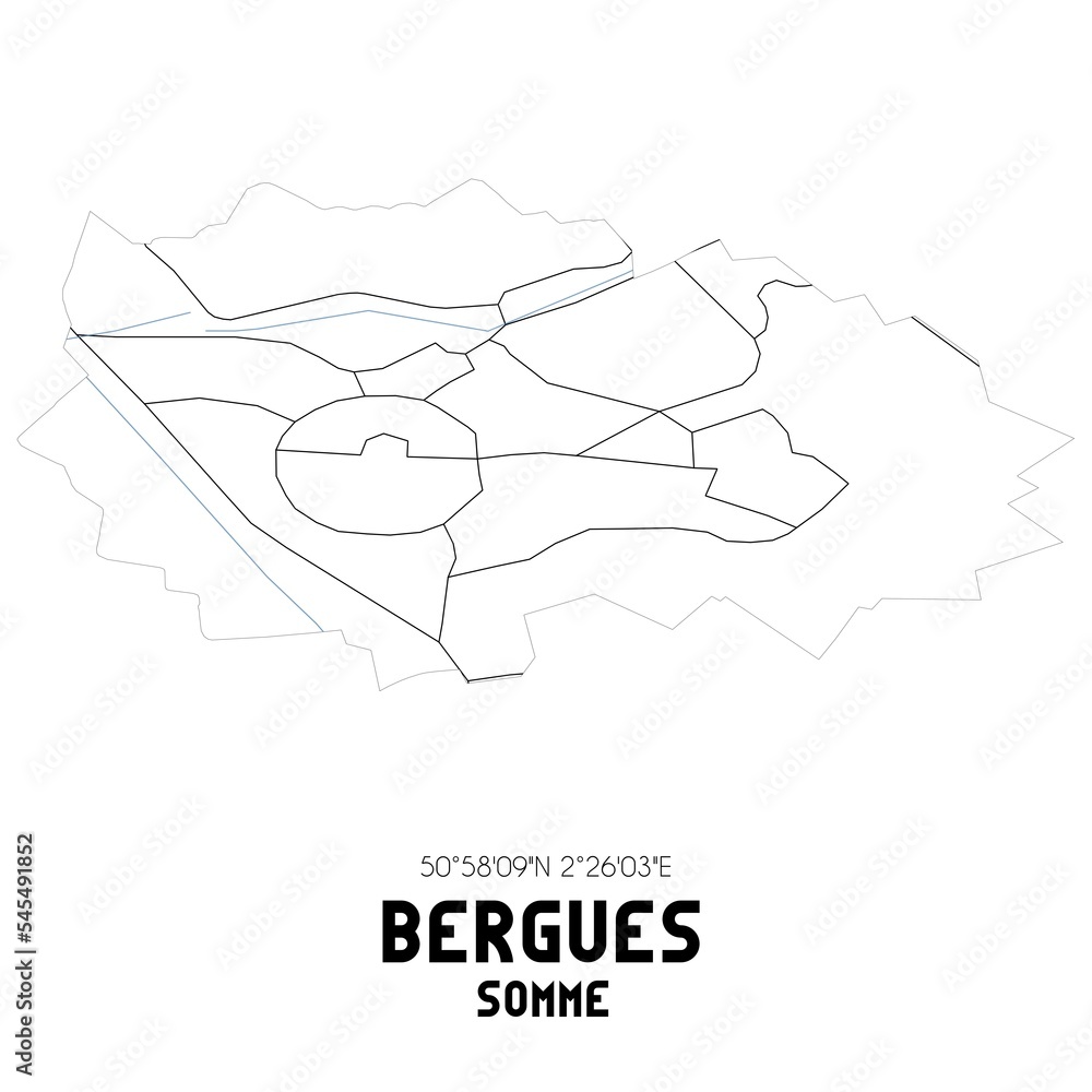 BERGUES Somme. Minimalistic street map with black and white lines ...
