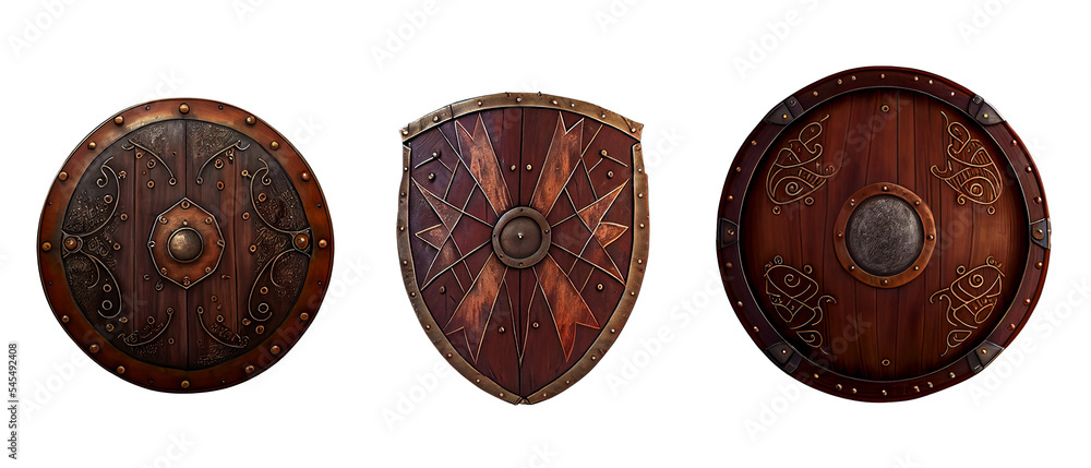 Three intricte ornate medieval wooden shields set. Isolated on ...