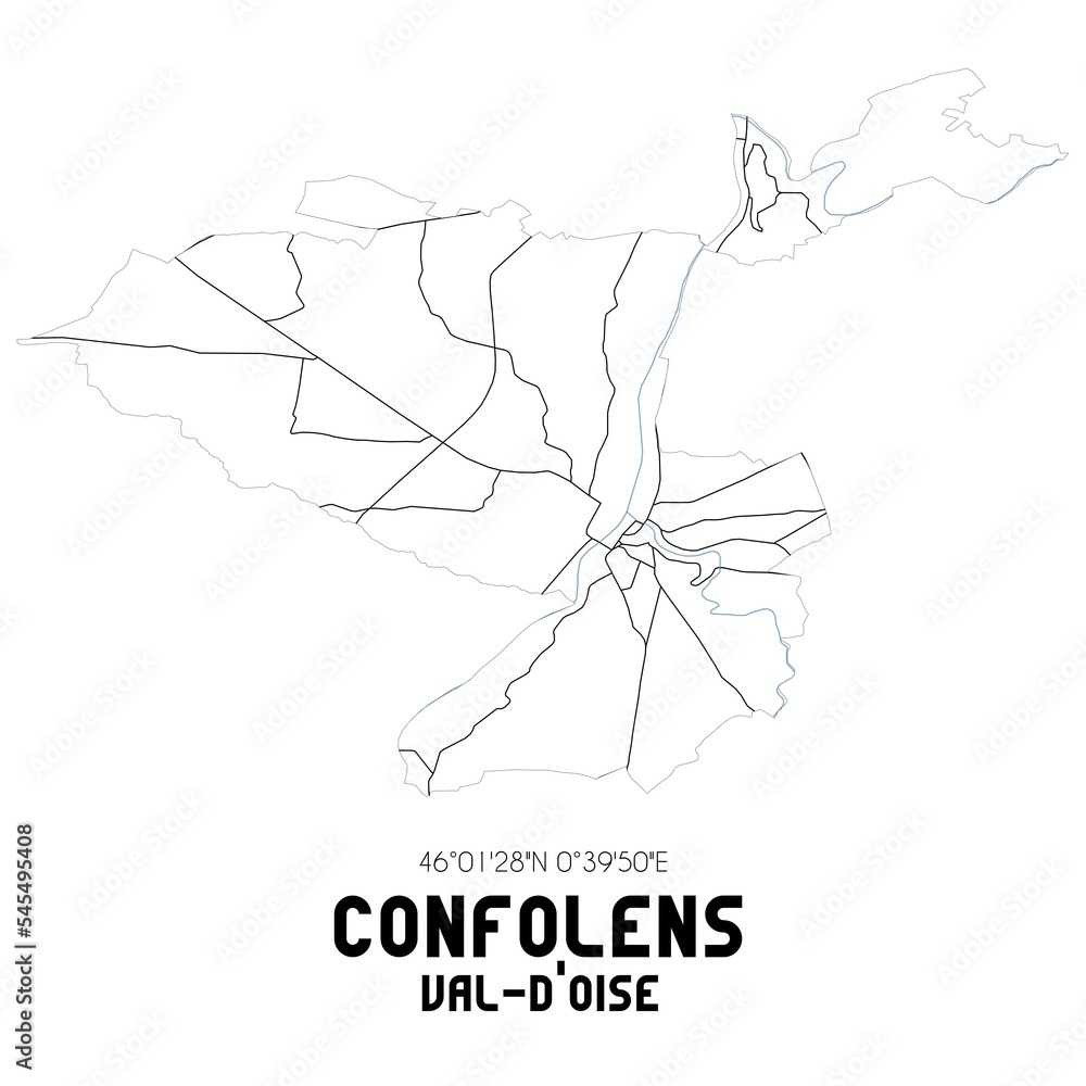 CONFOLENS Val-d'Oise. Minimalistic street map with black and white ...