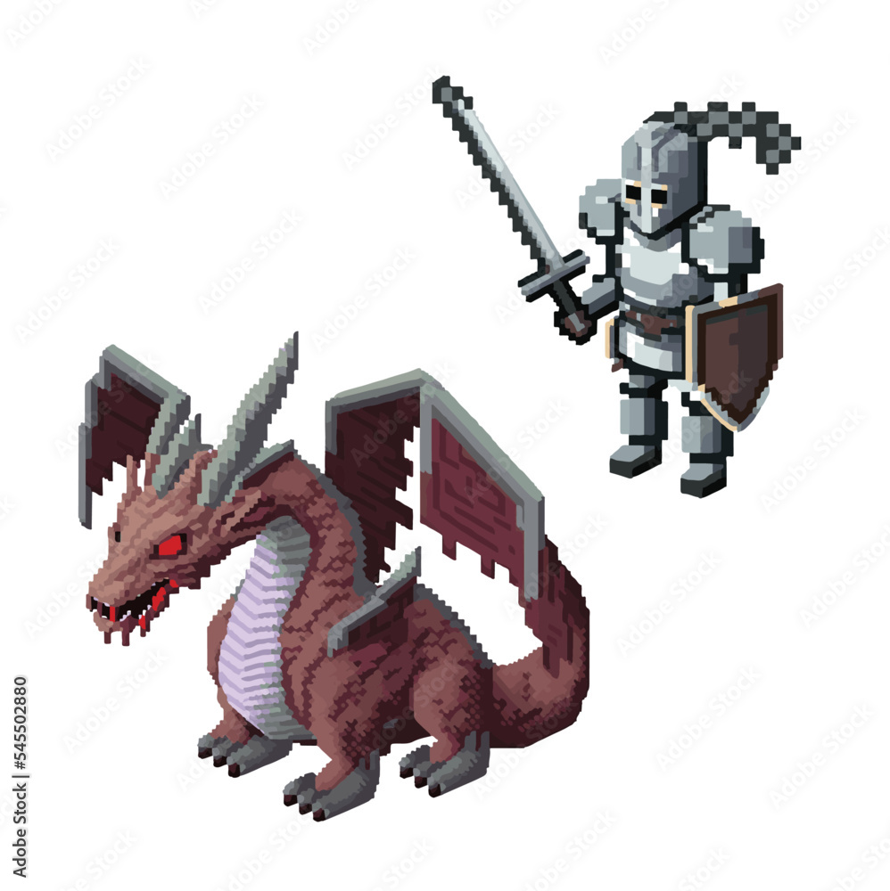 Isometric illustration of medieval knight and dragon, pixel art Stock ...