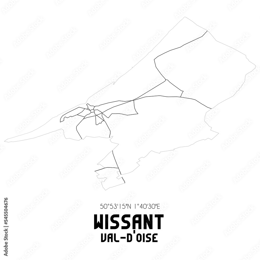 WISSANT Val-d'Oise. Minimalistic street map with black and white lines ...