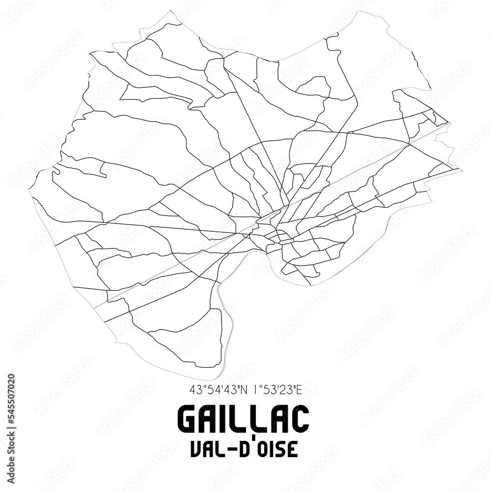 GAILLAC Val-d'Oise. Minimalistic street map with black and white lines ...