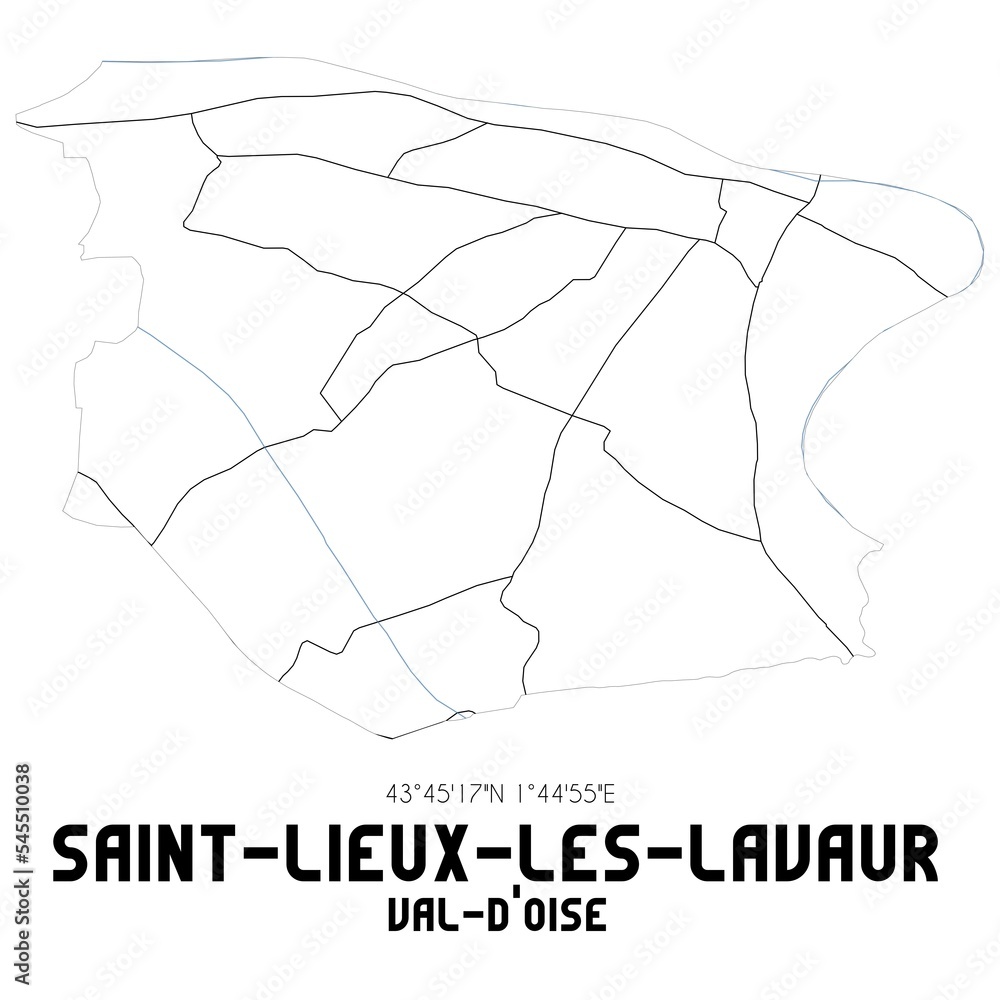 SAINT-LIEUX-LES-LAVAUR Val-d'Oise. Minimalistic street map with black ...