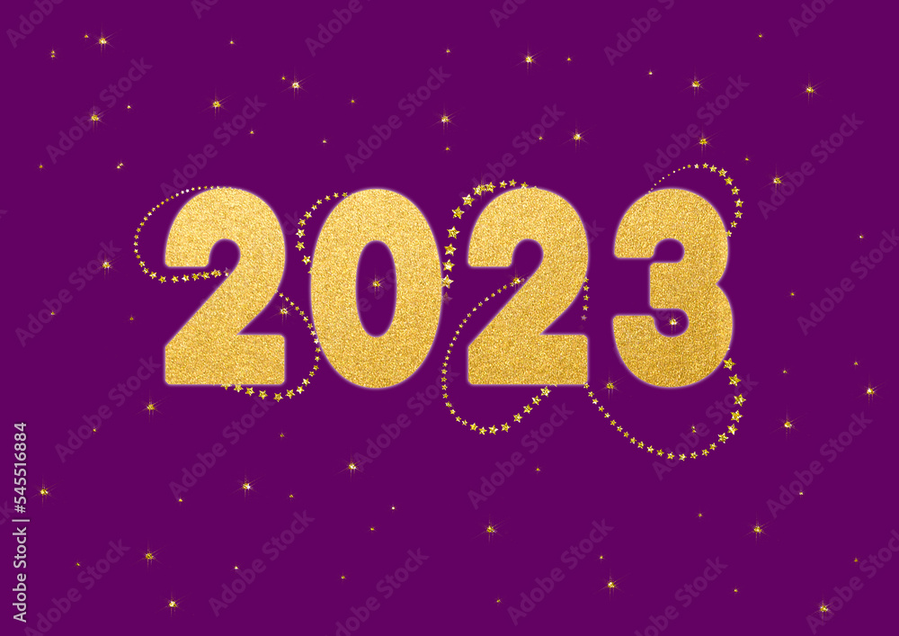 golden numbers 2023 on a purple background with gold glitter stars ...