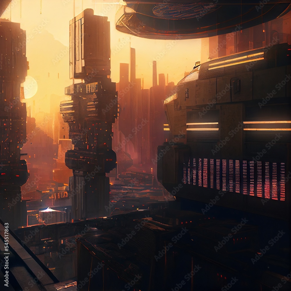 Cyberpunk video game city architecture design. Cityscape at golden hour ...