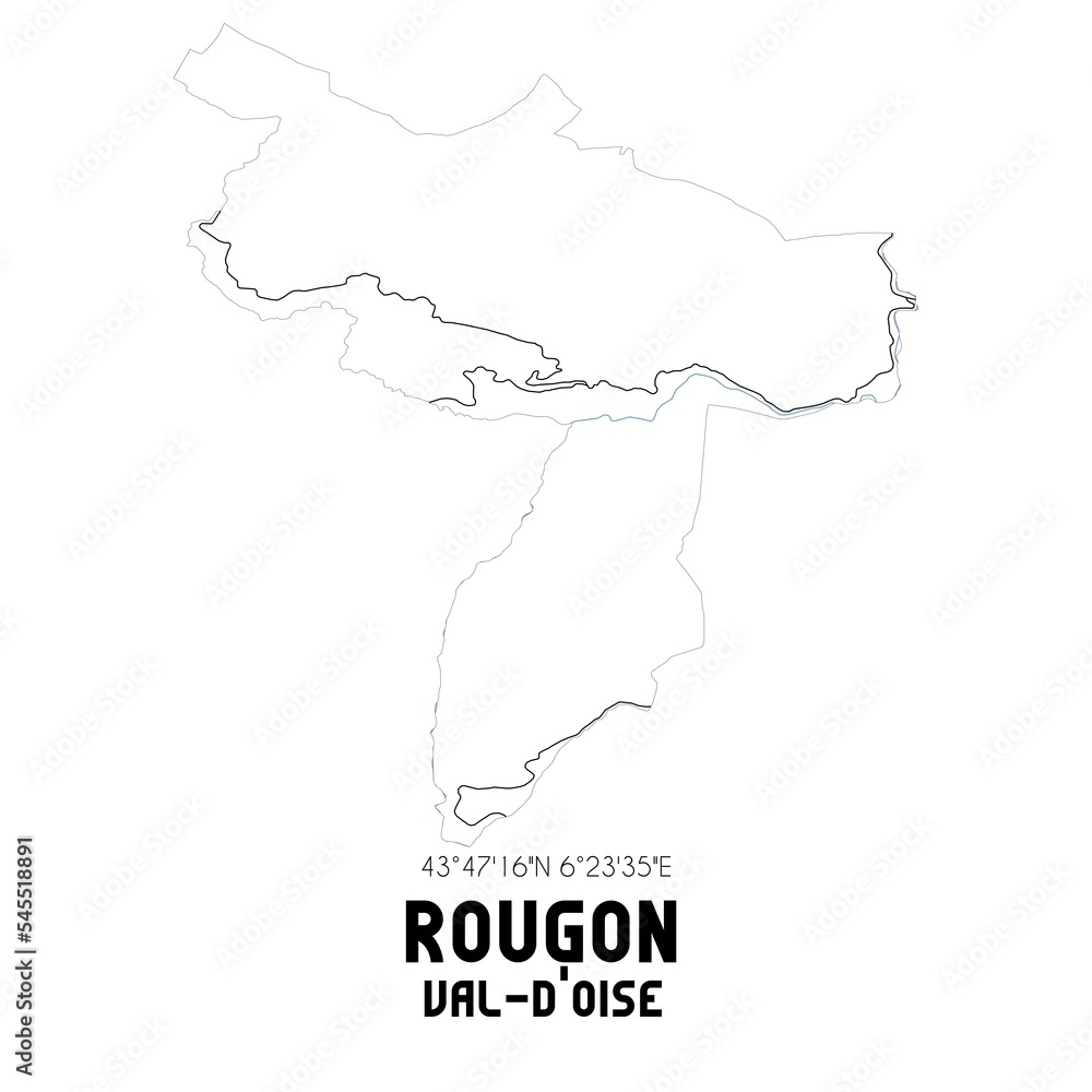 ROUGON Val-d'Oise. Minimalistic street map with black and white lines ...
