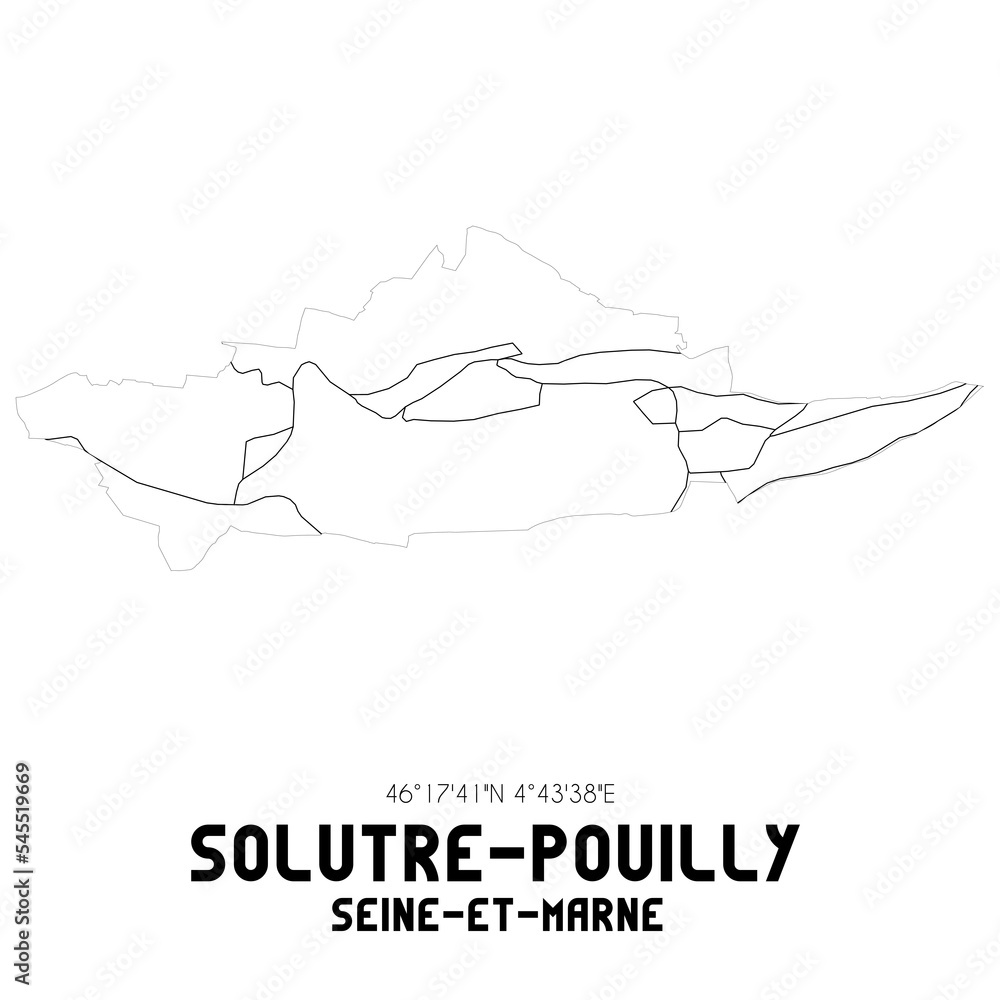 SOLUTRE-POUILLY Seine-et-Marne. Minimalistic street map with black and ...