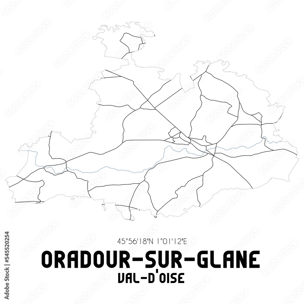 ORADOUR-SUR-GLANE Val-d'Oise. Minimalistic street map with black and ...