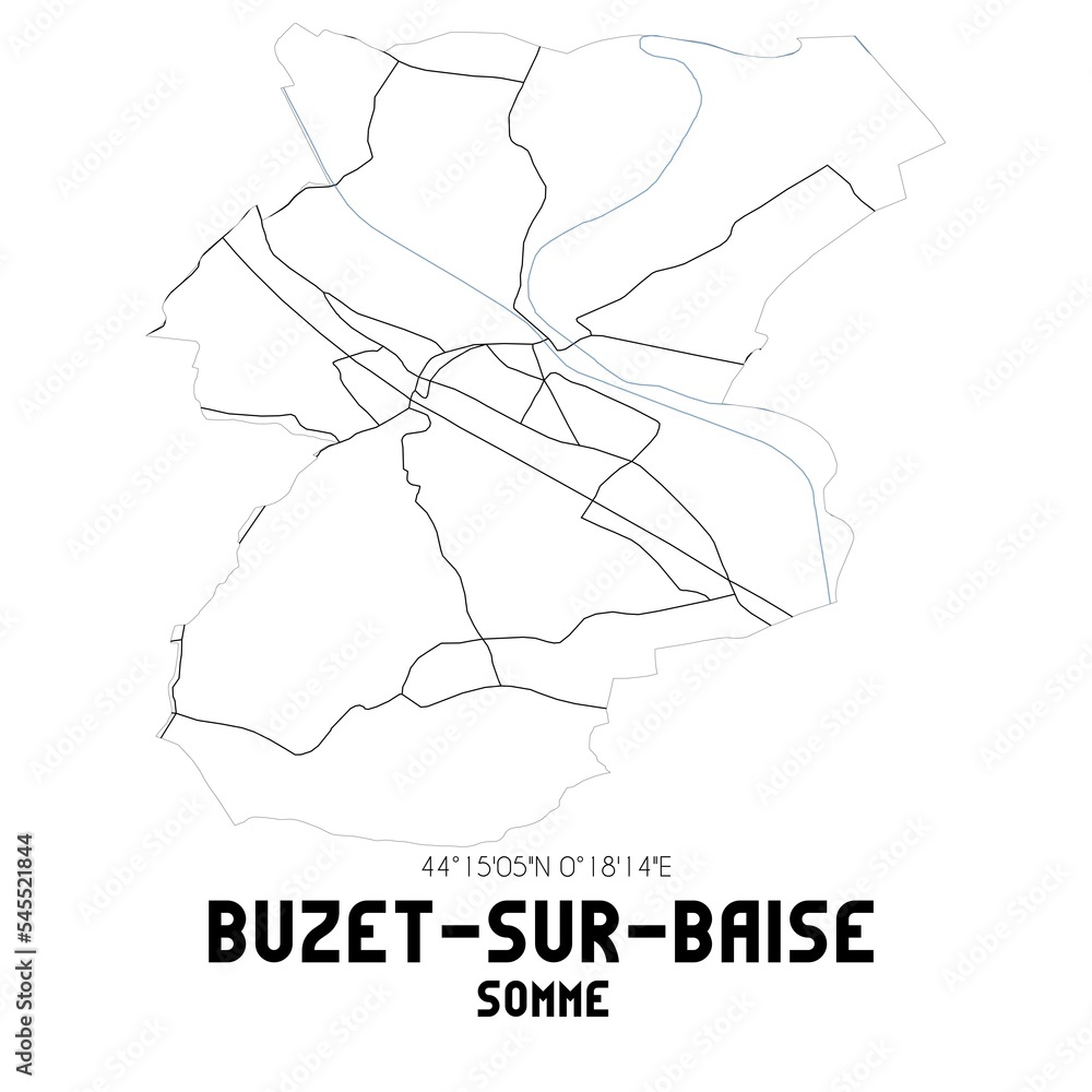 BUZET-SUR-BAISE Somme. Minimalistic street map with black and white ...