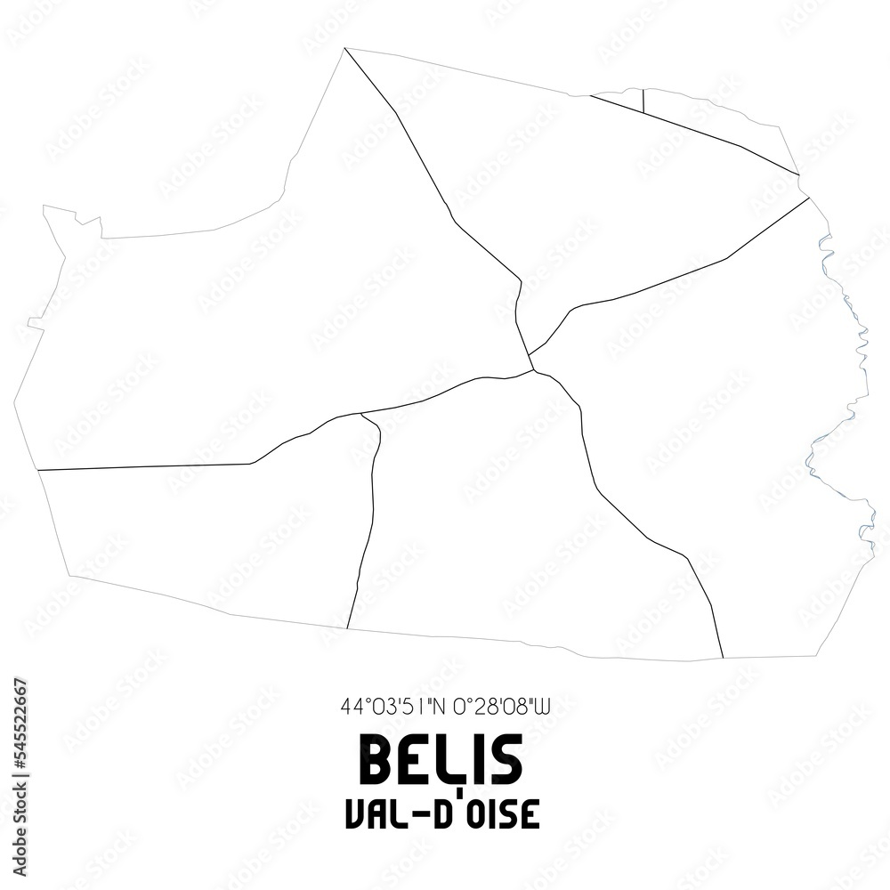 BELIS Val-d'Oise. Minimalistic street map with black and white lines ...