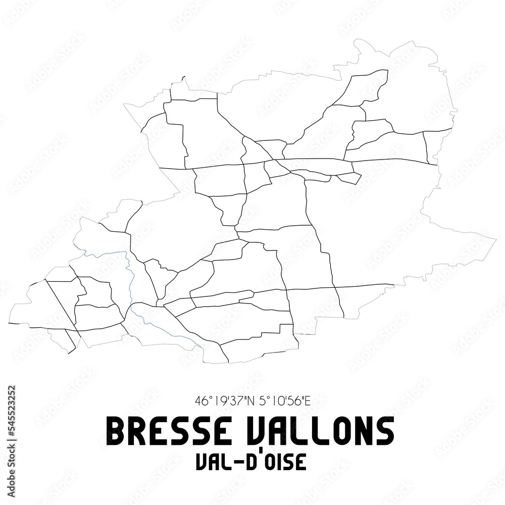 BRESSE VALLONS Val-d'Oise. Minimalistic street map with black and white ...