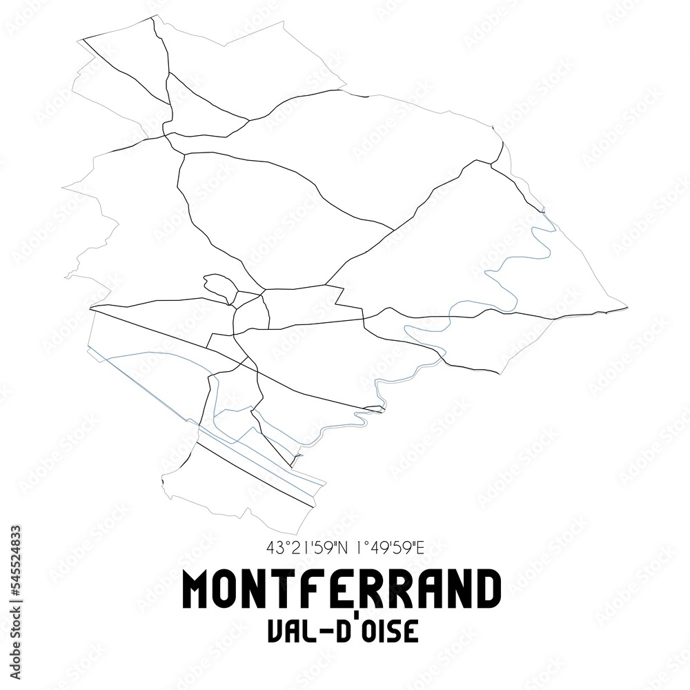 MONTFERRAND Val-d'Oise. Minimalistic street map with black and white ...