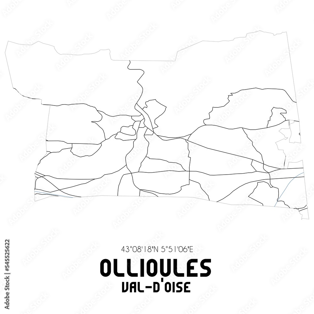 OLLIOULES Val-d'Oise. Minimalistic street map with black and white ...