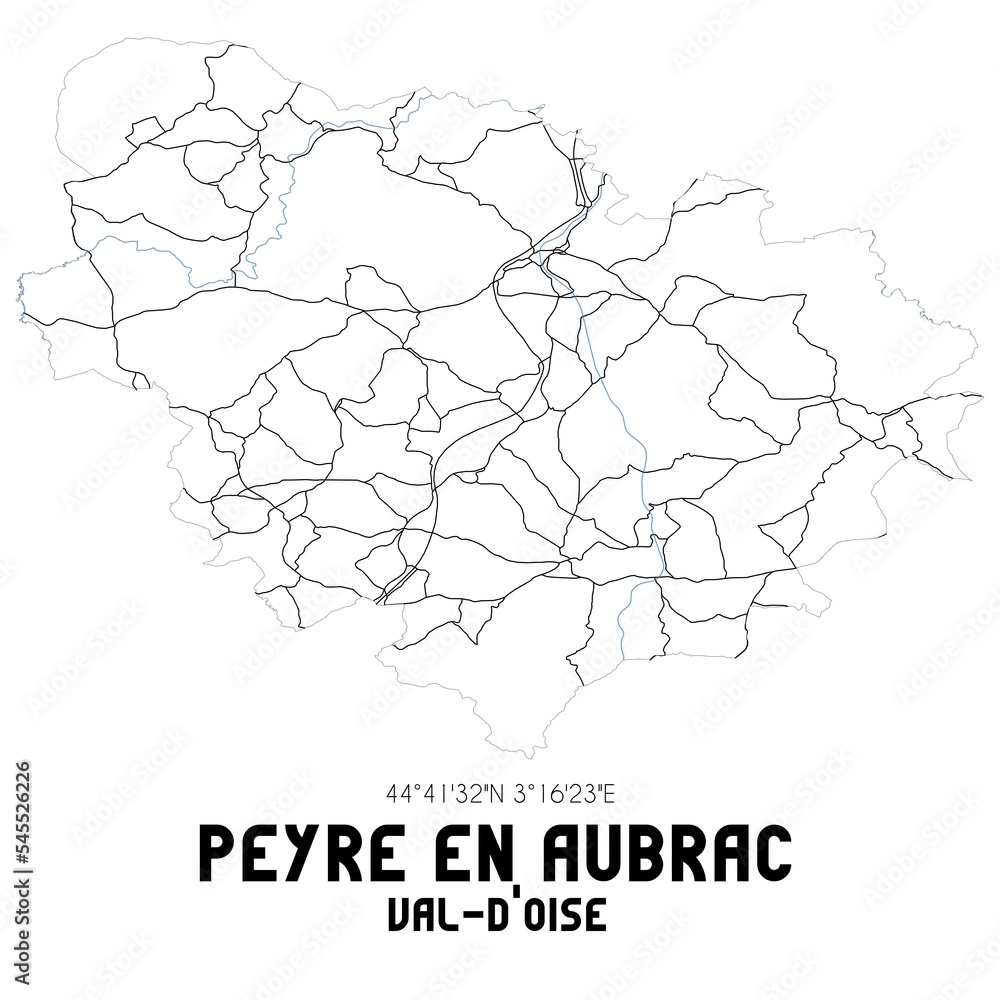 PEYRE EN AUBRAC Val-d'Oise. Minimalistic street map with black and ...