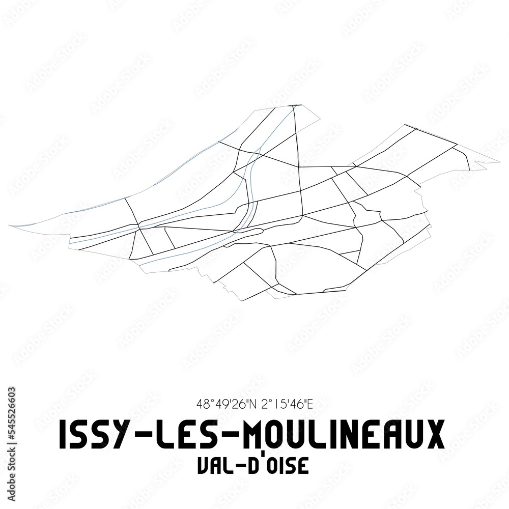 ISSY-LES-MOULINEAUX Val-d'Oise. Minimalistic street map with black and ...